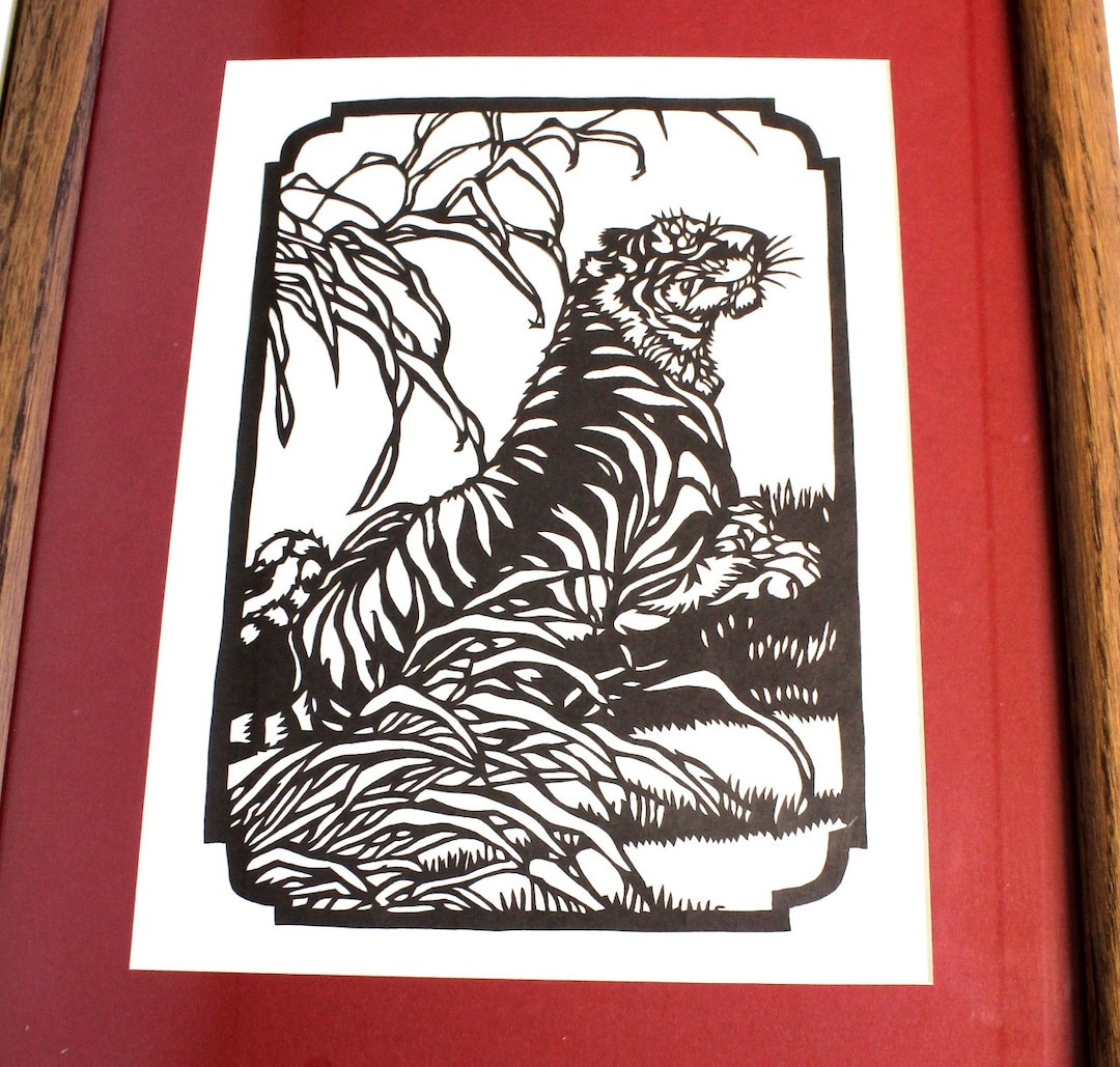 Cut Paper Tiger #2 Hand Cut Black Art Mounted Over White Backing ...