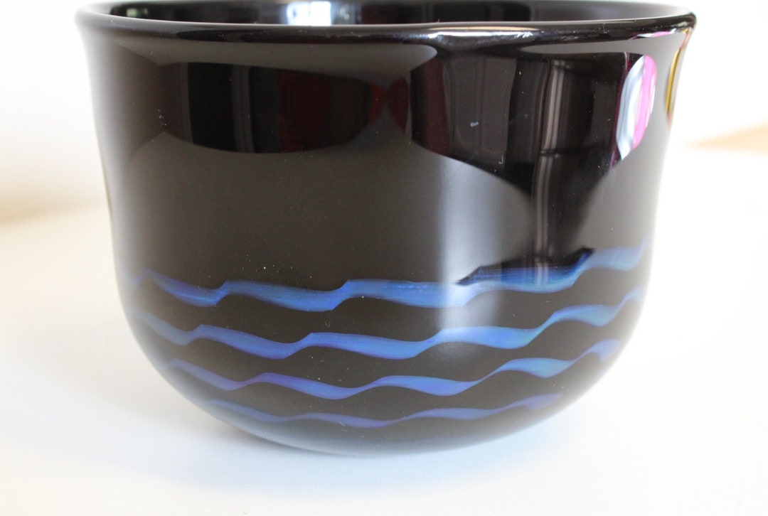 Signed Studio Art Glass Bowl: Black With Blue Wave, Hand Blown - Etsy