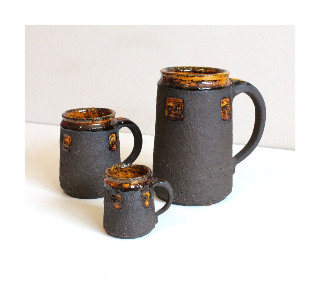 Hegnetslund Keramik Danmark Denmark Stoneware Mug Trio Steins in Three Sizes Distinctive Black ...