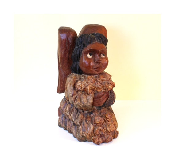Angelic Hand Carved Figure Brown Hardwood Winged Angel | Etsy