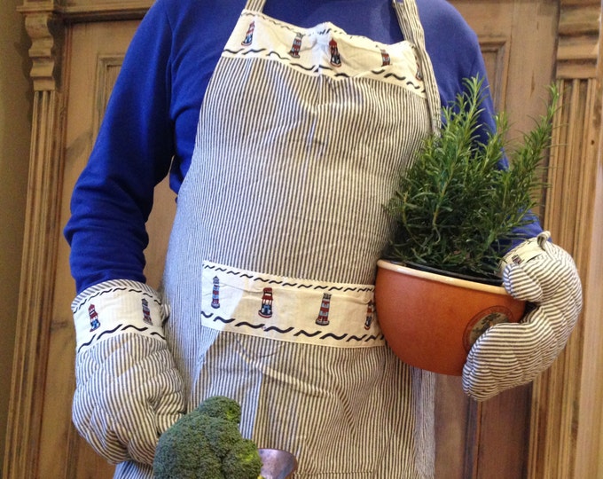 Vintage Striped Apron Oven Mittens Kitchen Set White Blue Striped Apron ...