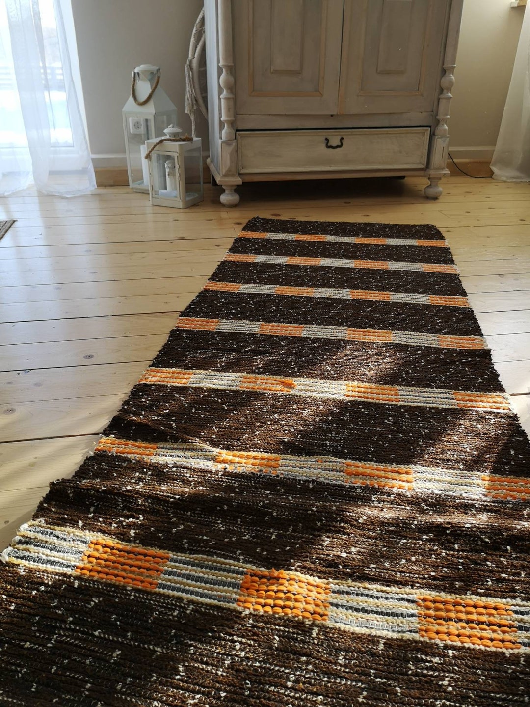 Swedish Vintage Extra Long Rag Rug Woven Rag Rug Striped Brown Orange ...