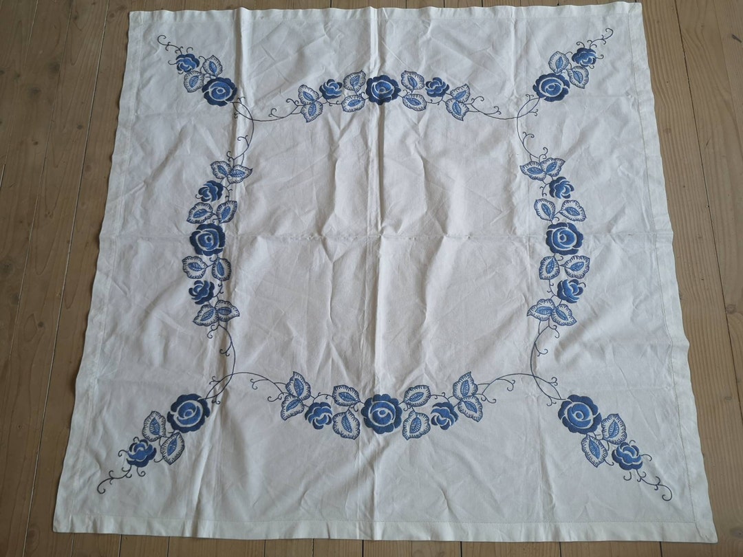 Antique White Blue Table Cloth Embroidered Blue Roses Table Cloth Cross ...