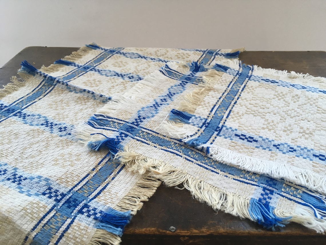 Swedish Woven Doilies Runner Set Small Blue White Plaid Napkins Checked ...