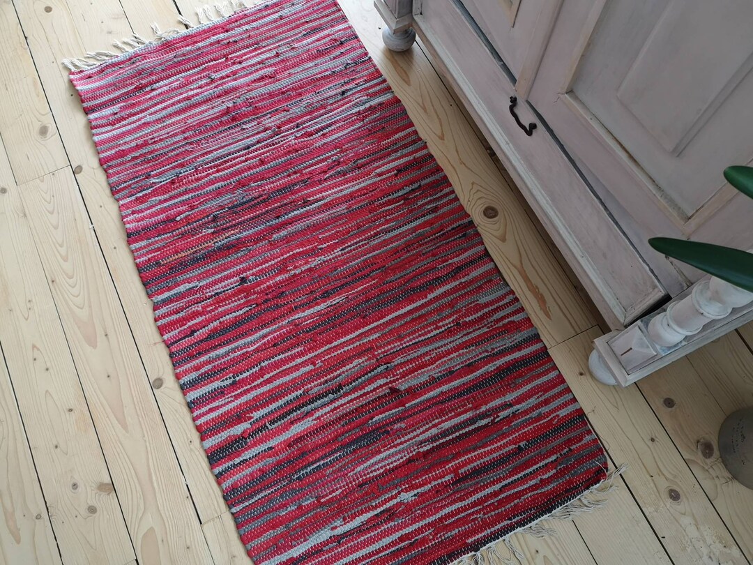 Swedish Rag Red Floor Runner Woven Striped Rag Rug Red Gray Striped ...