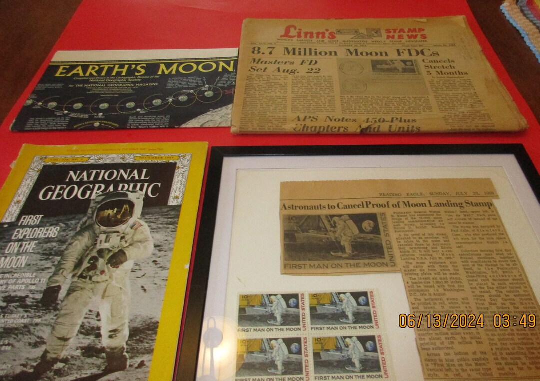 1969 USA Moon Landing Memorabilia - Framed USPS Stamps, Newspaper ...