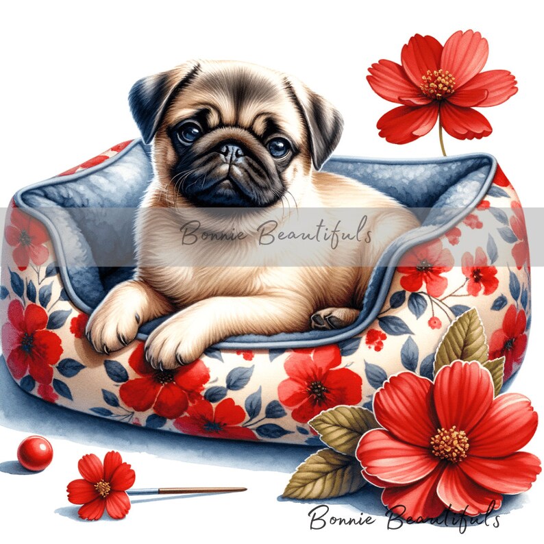 Pugs in Spring Time Bloom Settings Gorgeous Digital Art in Spring Time ...