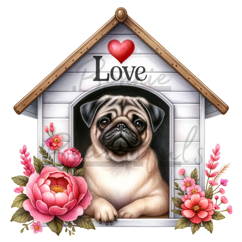 Pug in a Dog House: Valentine Digital Art With Red and Pink Flowers and ...