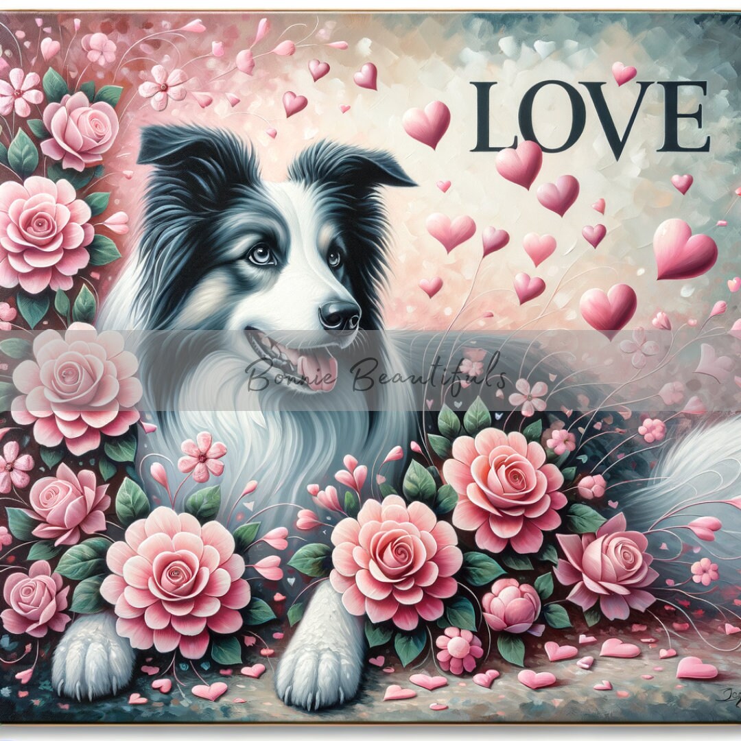 Border Collie Valentine: Border Collie Surrounded With Flowers and ...