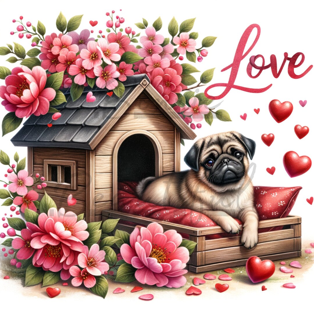 Pug in a Dog House: Valentine Digital Art With Red and Pink Flowers and ...