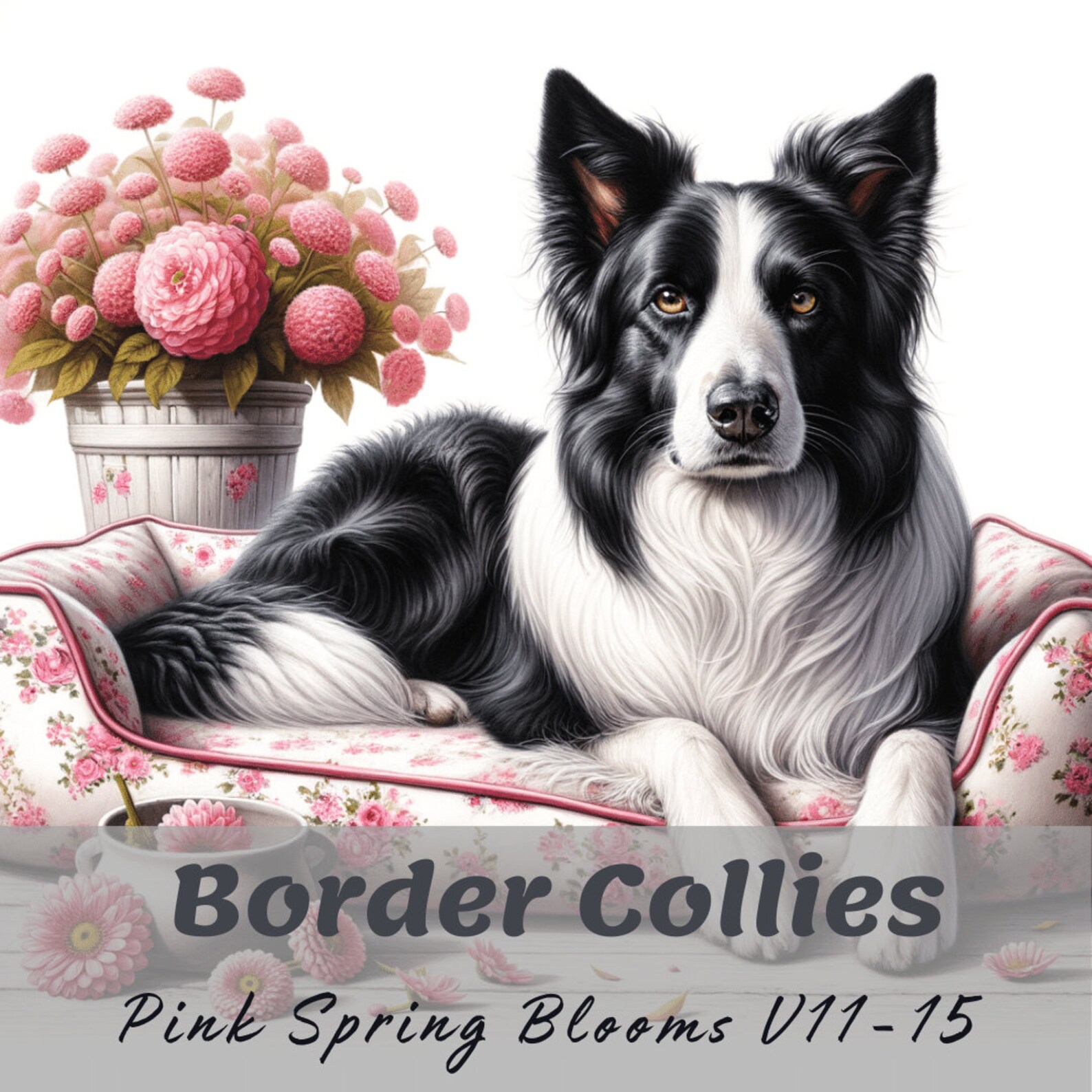 Pink Floral Spring Time Blooms Border Collie Digital Art - Etsy