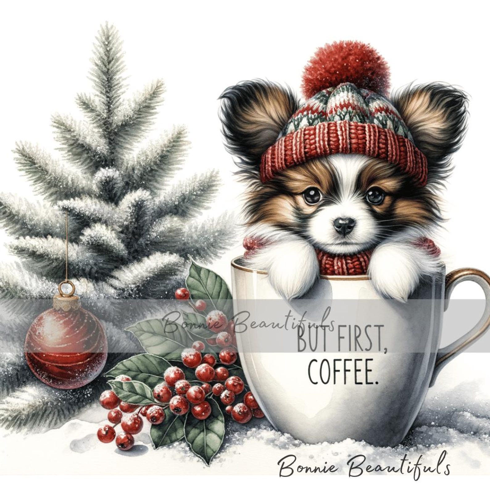Papillon Pups in Coffee Cups: Traditional Christmas Theme Digital Art ...