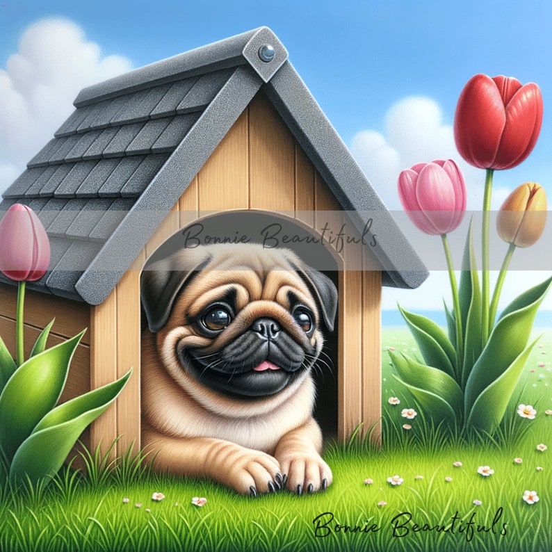 Pugs in Spring Time Bloom Settings Gorgeous Digital Art in Spring Time ...