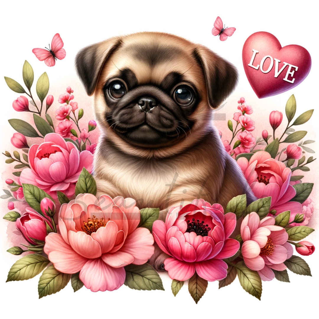 Pug Valentine Art With Red and Pink Flowers and Hearts - Etsy