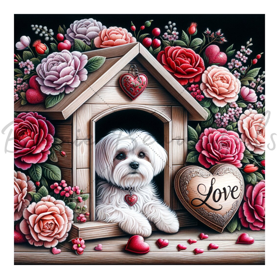 Valentine Digital Art: Maltese Valentine in a Dog House With Hearts and ...