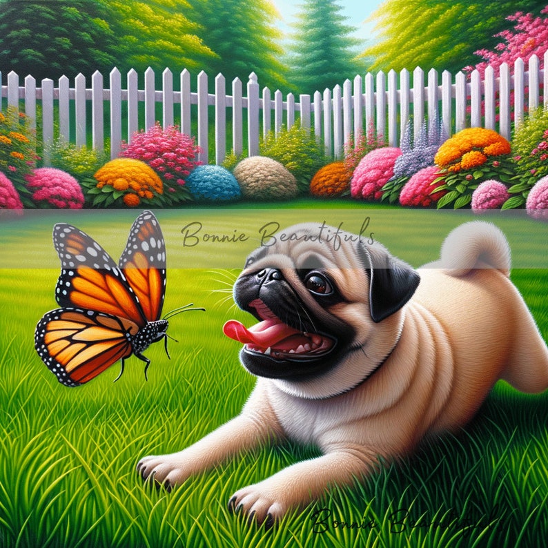 Pugs in Spring Time Bloom Settings Gorgeous Digital Art in Spring Time ...