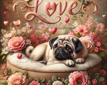 Pug on a Dog Bed: Valentine Art With Red and Pink Flowers and Hearts - Etsy