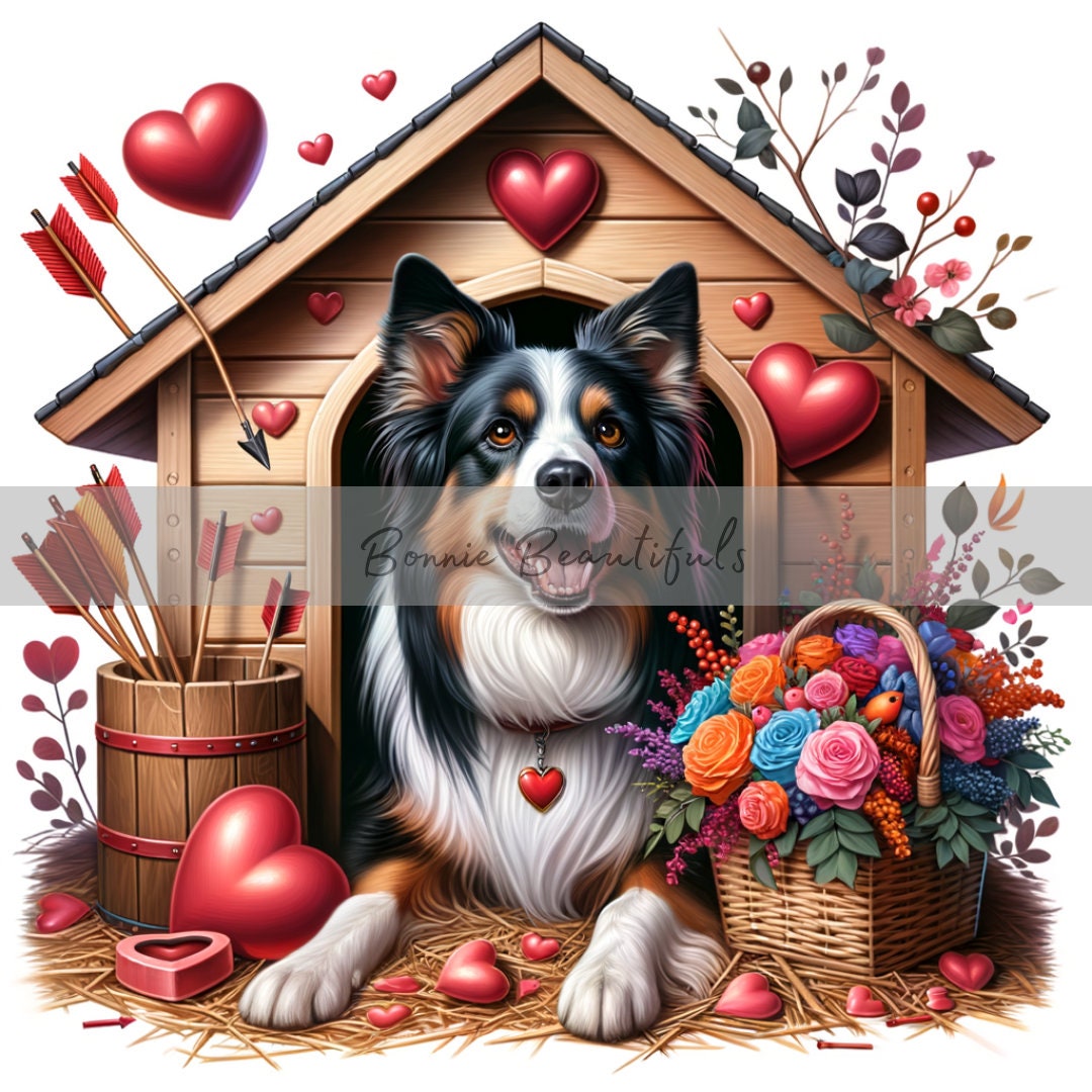Border Collie Valentine Bundle: Border Collies in Dog Houses Surrounded ...