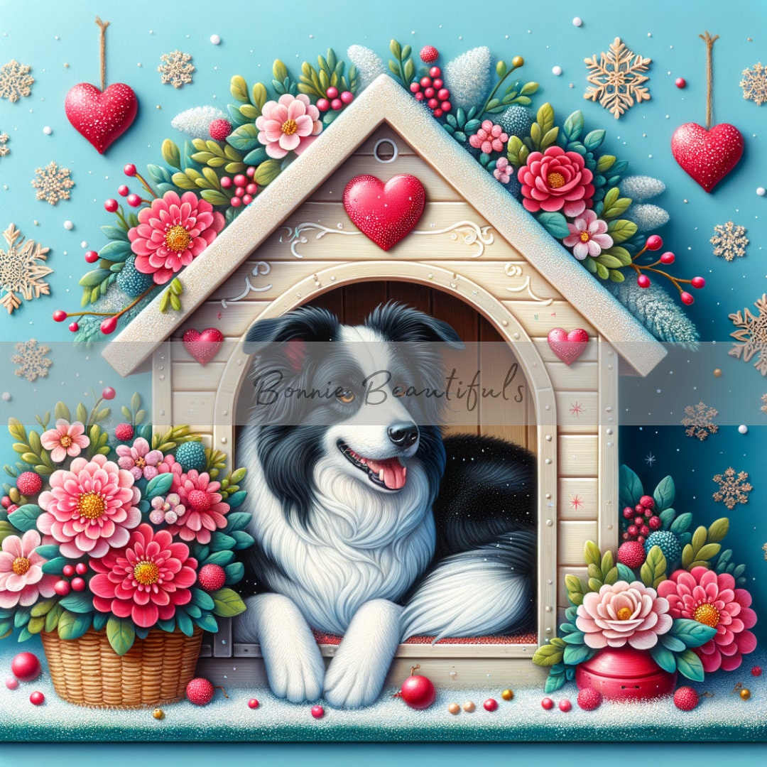 Border Collie Valentine Bundle: Border Collies in Dog Houses Surrounded ...