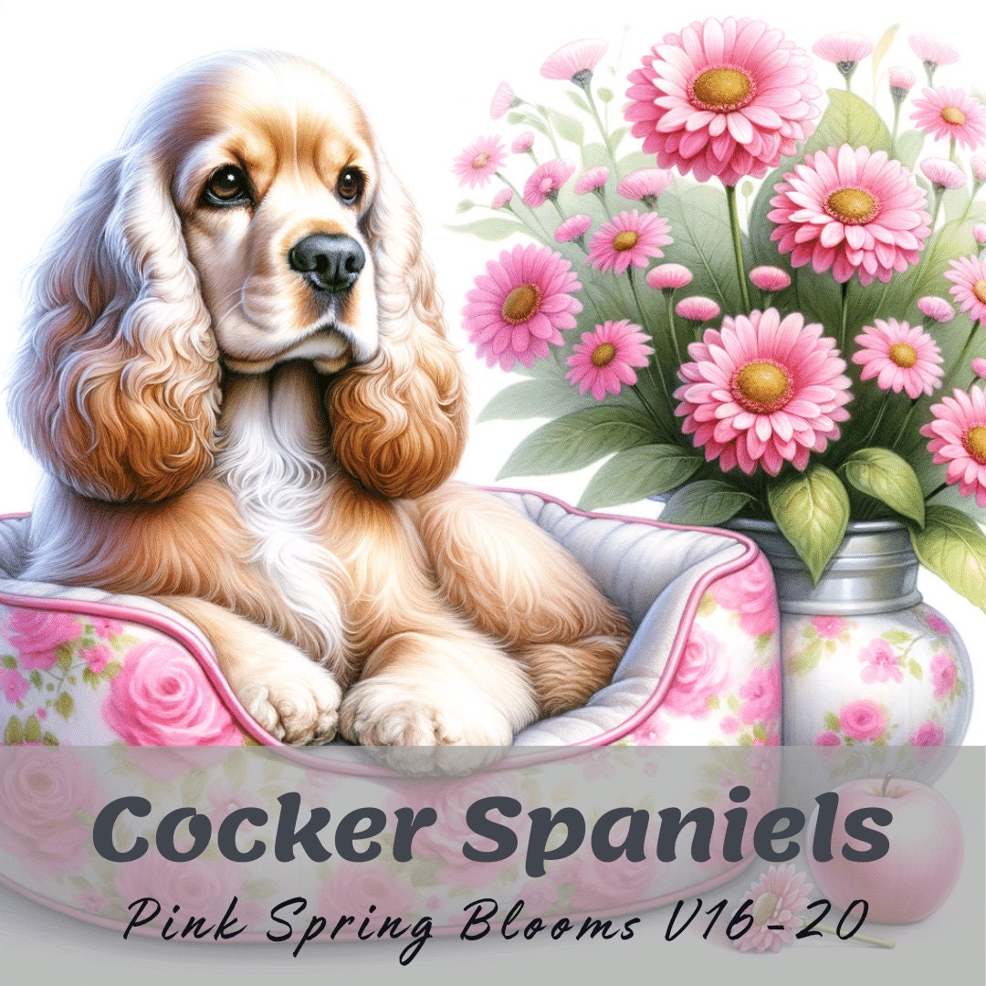 Pink Floral Spring Time Blooms Cocker Spaniel Digital Art Bundle V16-20 ...