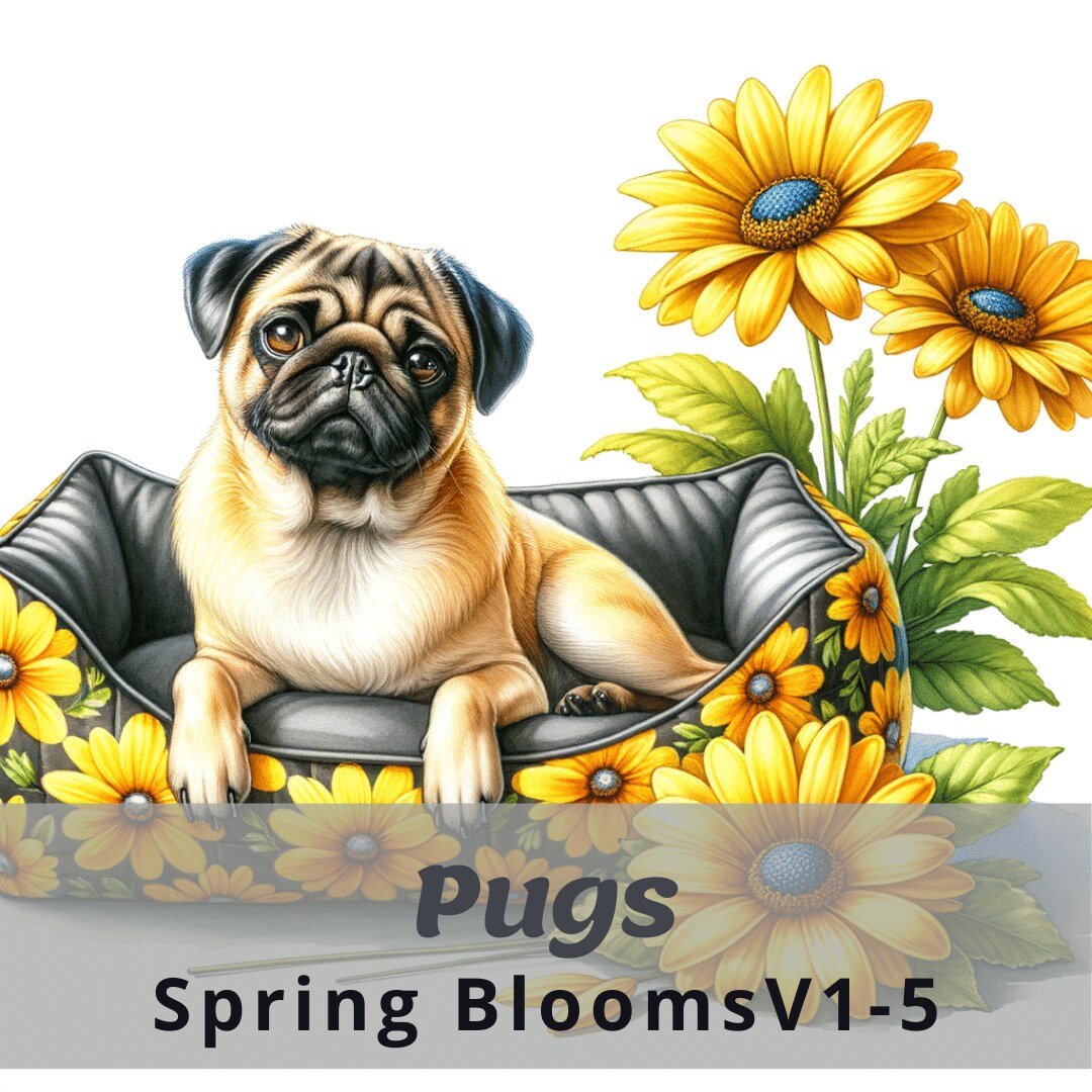 Pugs in Spring Time Bloom Settings Gorgeous Digital Art in Spring Time ...