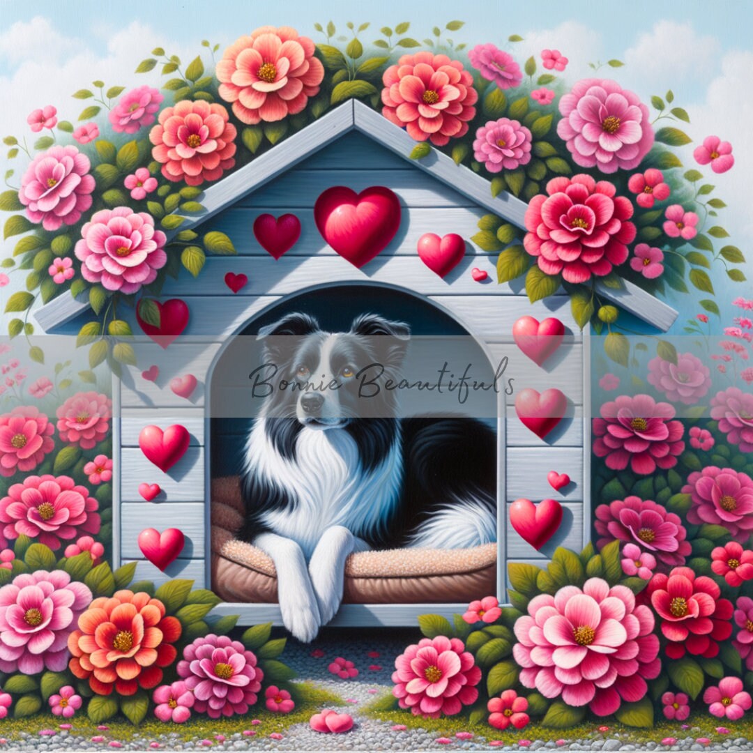 Border Collie Valentine Bundle: Border Collies in Dog Houses Surrounded ...