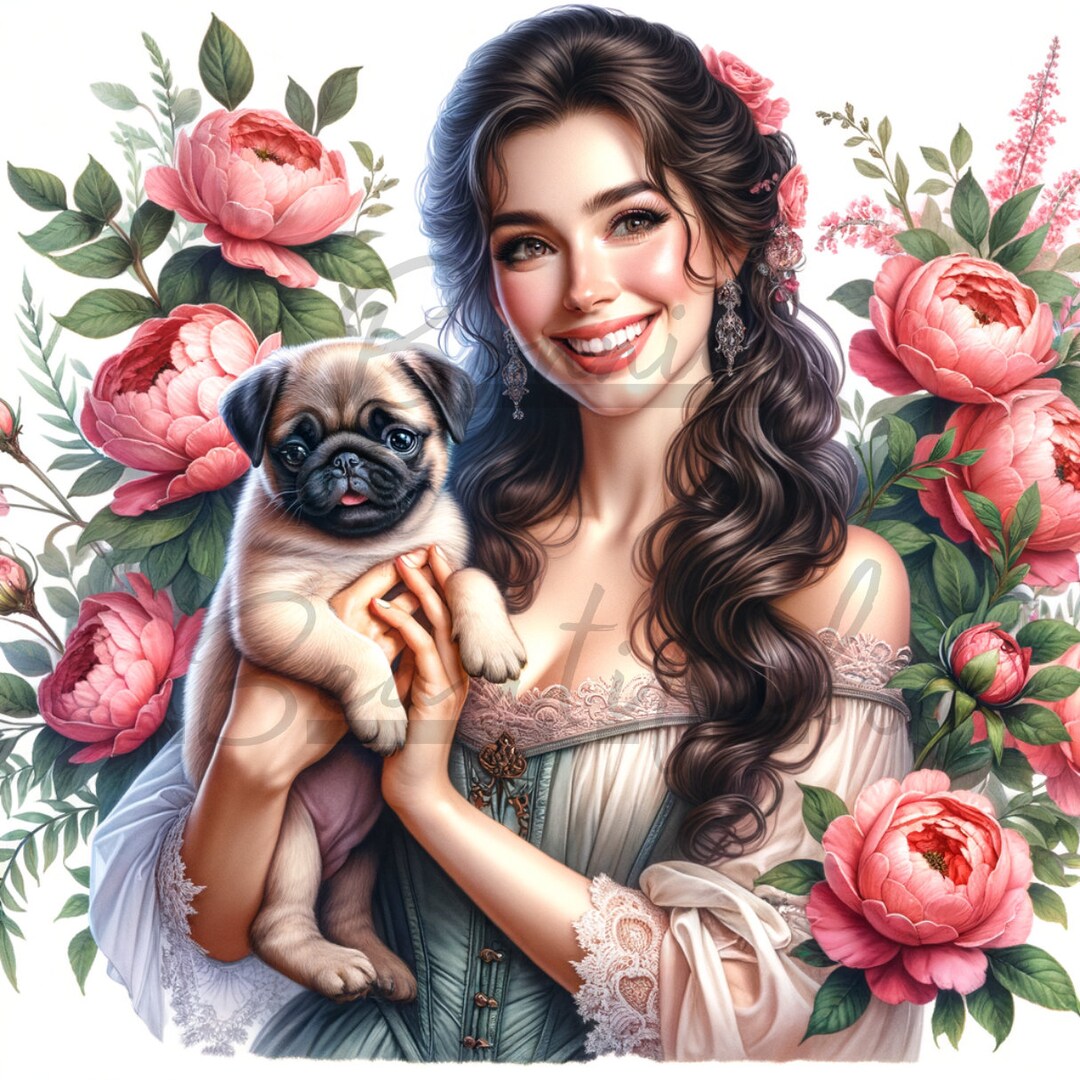 Beautiful Woman Holding a Pug Valentine With Flowers and Hearts - Etsy