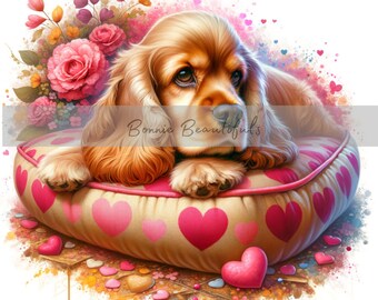 Cocker Spaniel Valentine: Adorable Cocker Spaniel on a Dog Bed ...