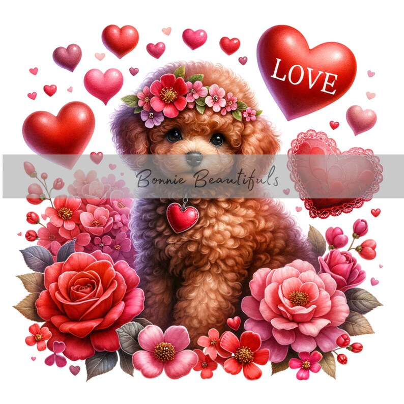 Poodle Valentine: Adorable Poodle Surrounded With Flowers and Hearts - Etsy