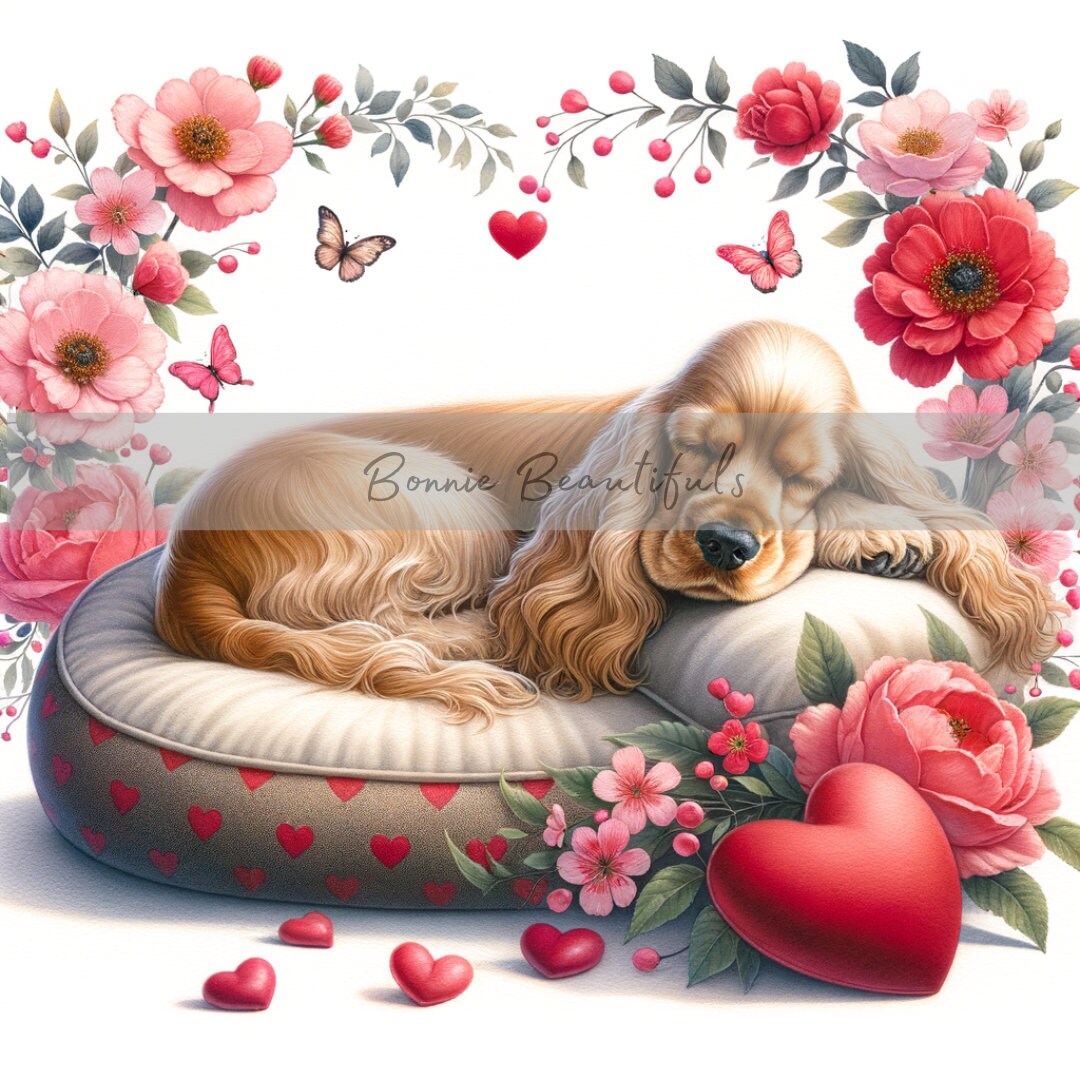Cocker Spaniel Valentine: Adorable Cocker Spaniel on a Dog Bed ...
