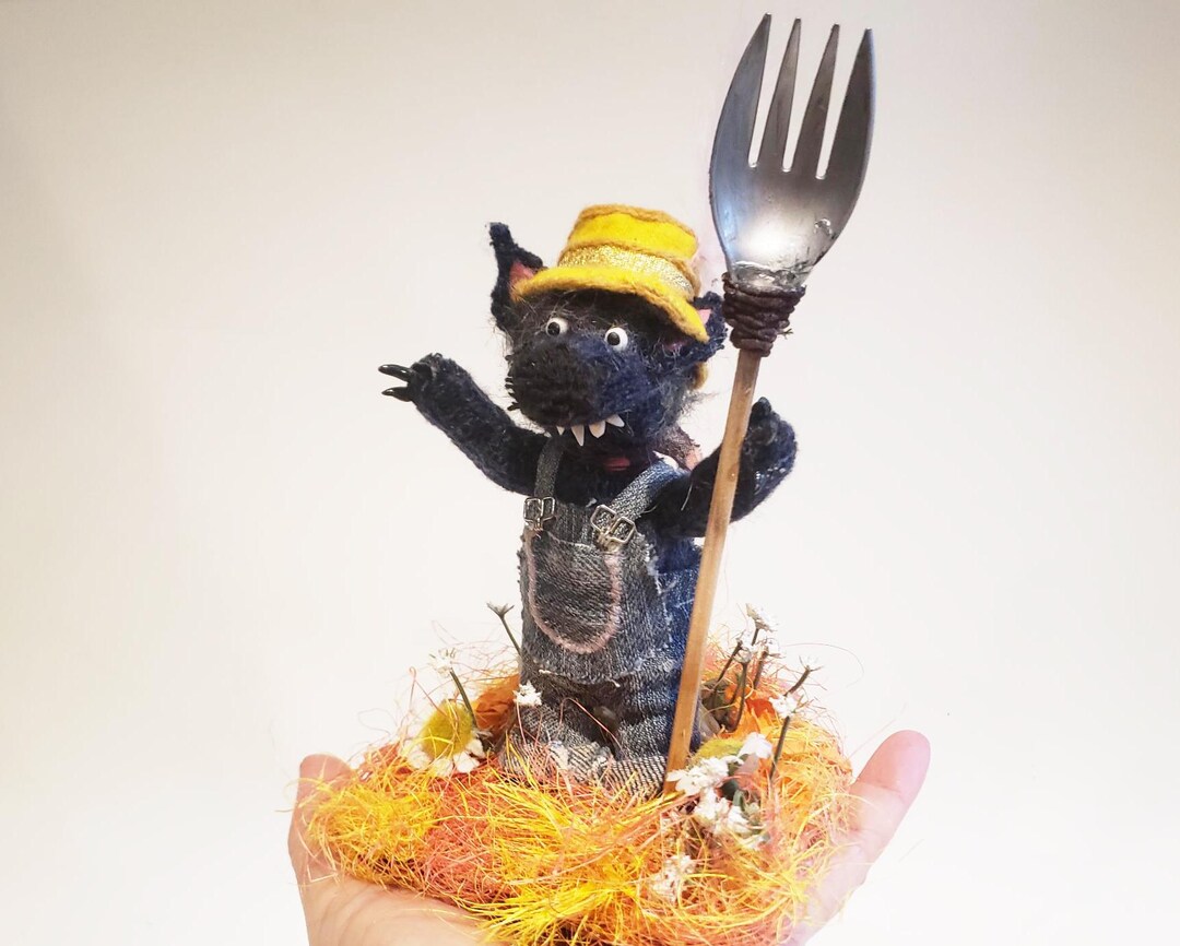 Little Werewolf With Pitchfork and Jeans Dungarees, Farmer Werewolf - Etsy