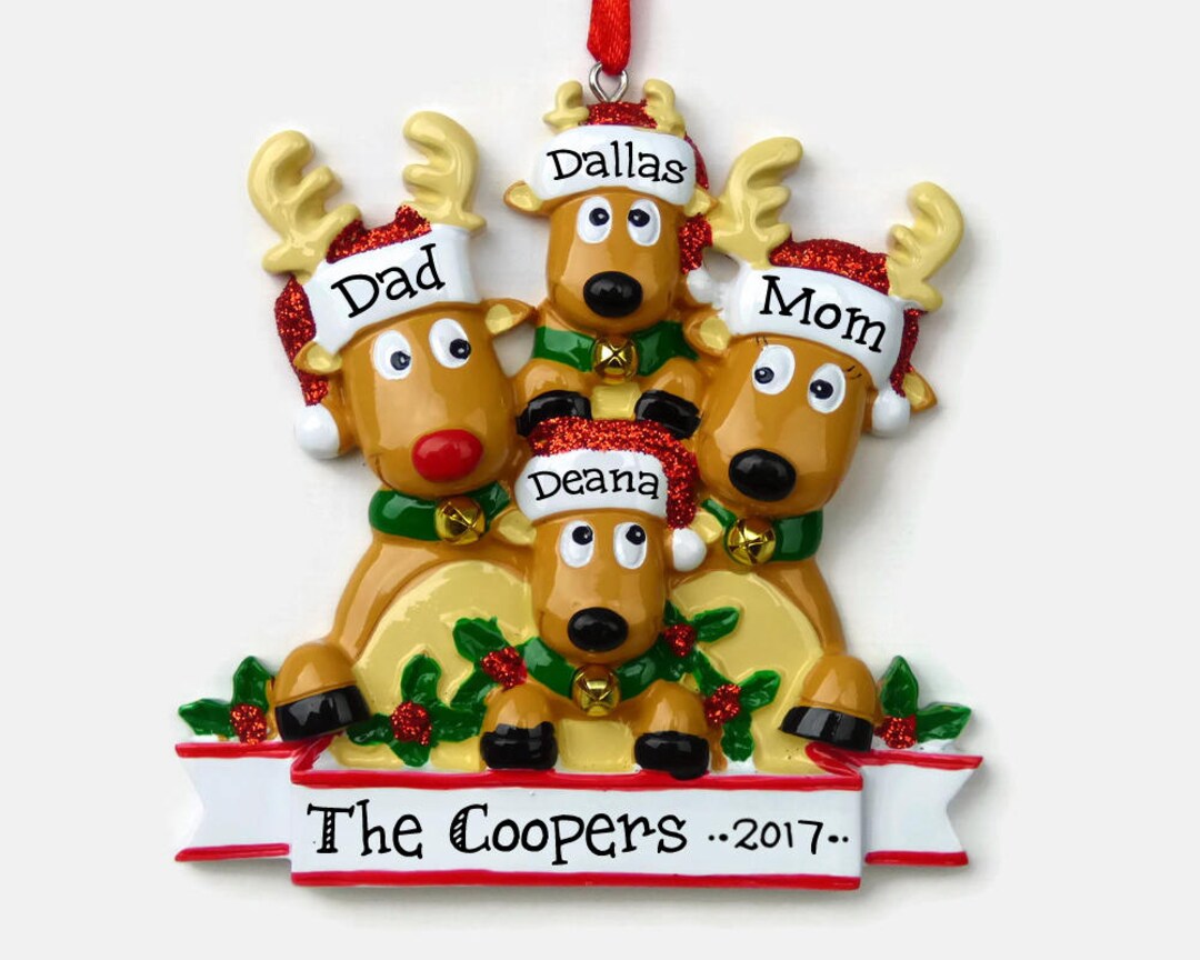 4 Reindeer Family Personalized Ornament - Rudolph Family of Four - Hand ...