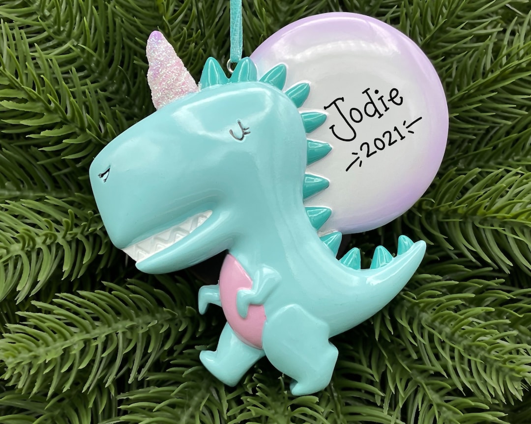 Dinocorn Personalized Ornament - Teal and Purple Tyrannosaurus Rex and ...