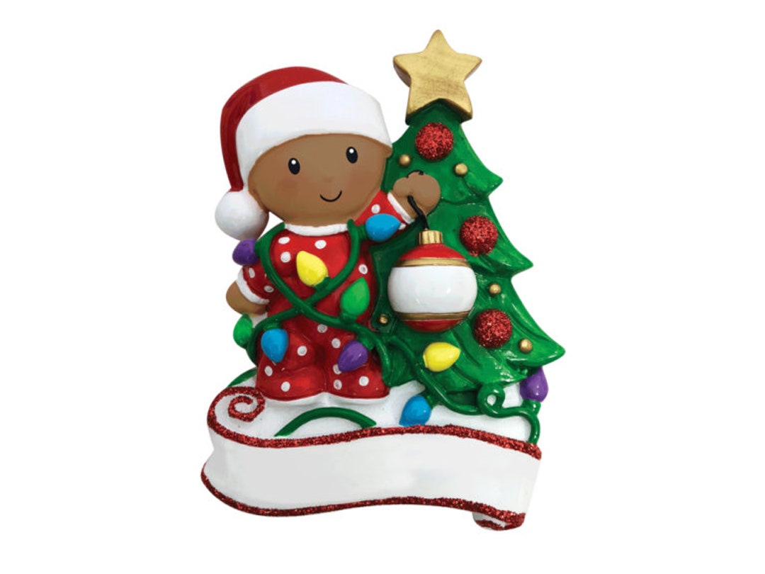 Baby Decorating The Christmas Tree Personalized Ornament Brown Baby In