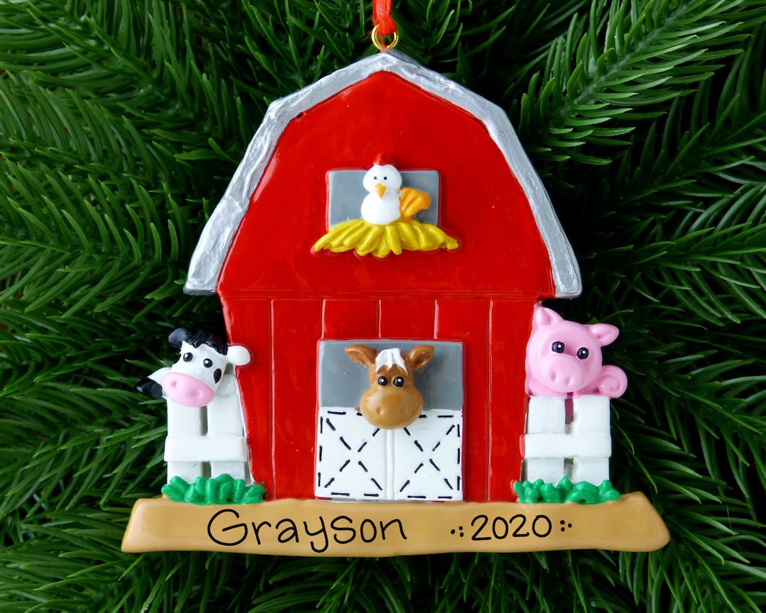 Barnyard Animals Personalized Ornament - Barn With Chicken, Cow, and ...