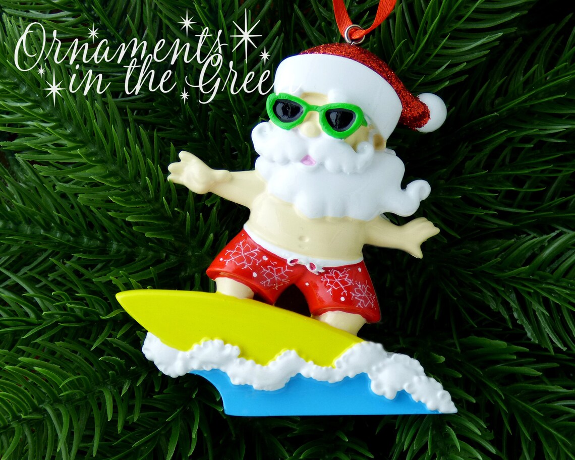 Santa on a Surfboard Personalized Ornament - Surfer - Beach Vacation ...