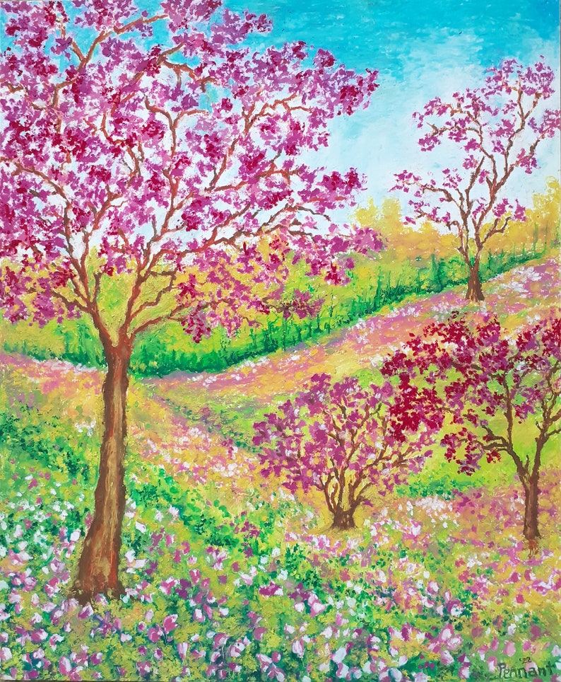 Spring Landscape, Spring Oil Pastel, Original Oil Pastel Art, Wall Art ...