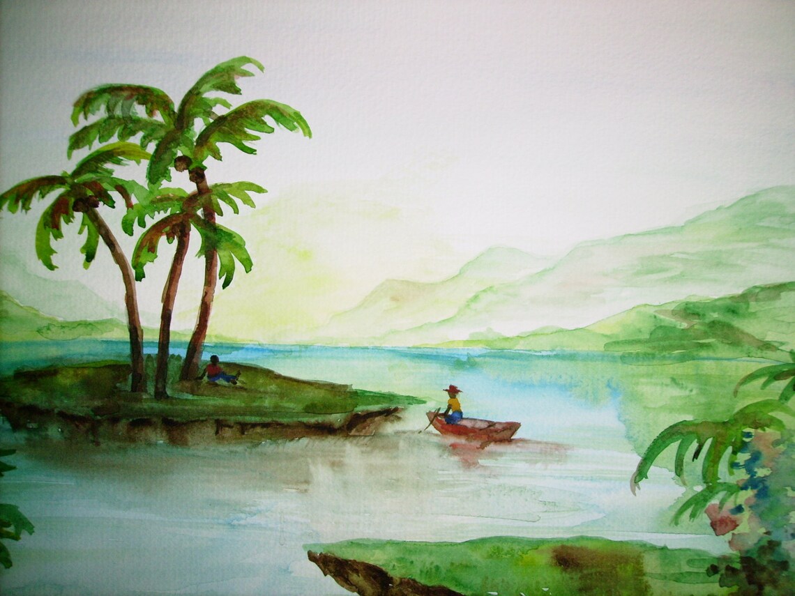 Palm Island, Palm Trees Island Painting, 11x15 Original Landscape ...
