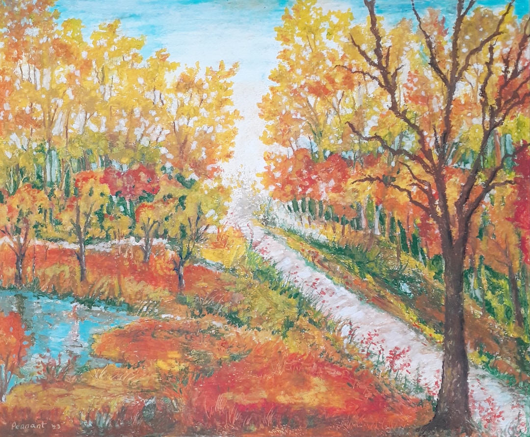 Oil Pastel Landscape, Original Oil Pastel, Autumn Art, Colorful Autumn ...