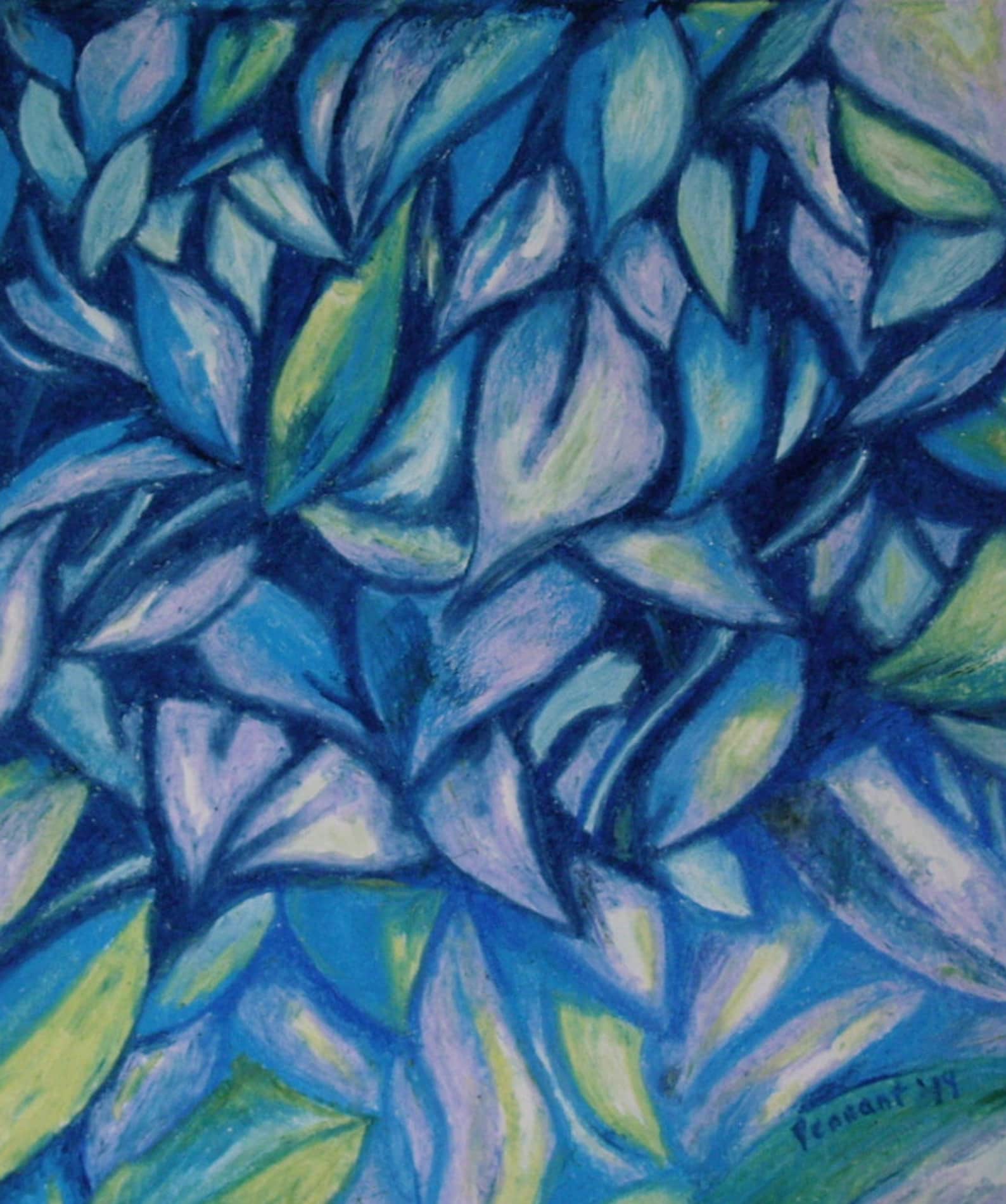 Blue Leaves, Abstract Drawing, 14x17 Oil Pastel Drawing on Bristol ...