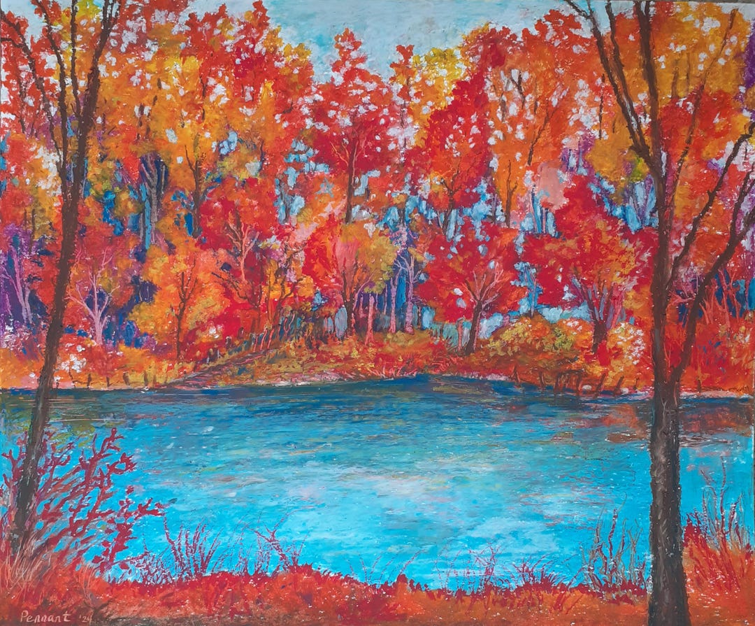 Oil Pastel Landscape, Original Oil Pastel, Autumn Art, Colorful Autumn ...