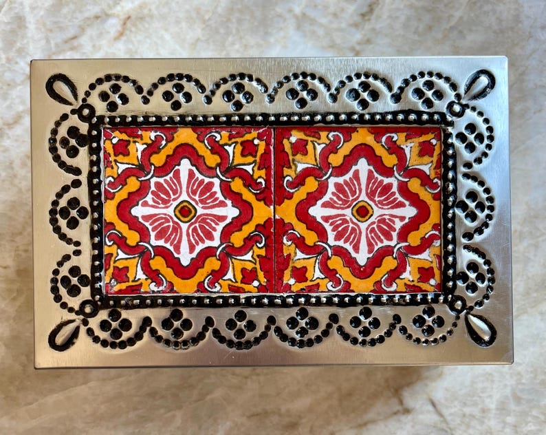 Handcrafted Rectangular Tin Jewelry Box With Two Talavera Tiles - Etsy