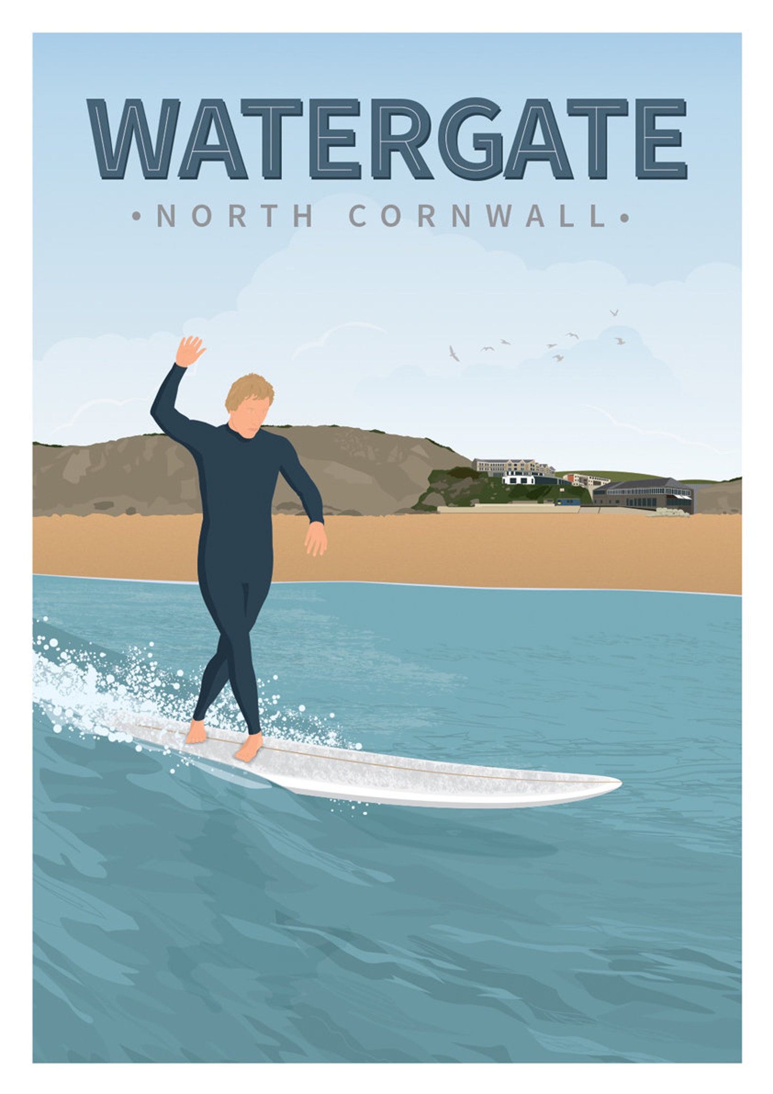 Surf Retro Travel Poster. Watergate Bay, Newquay, Cornwall, Surfing ...