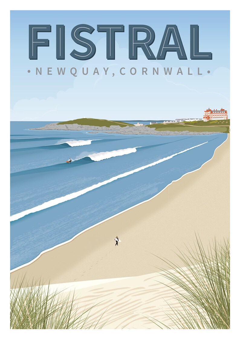 Surf Retro Travel Poster. Fistral Beach, Newquay, Cornwall, Surfing ...