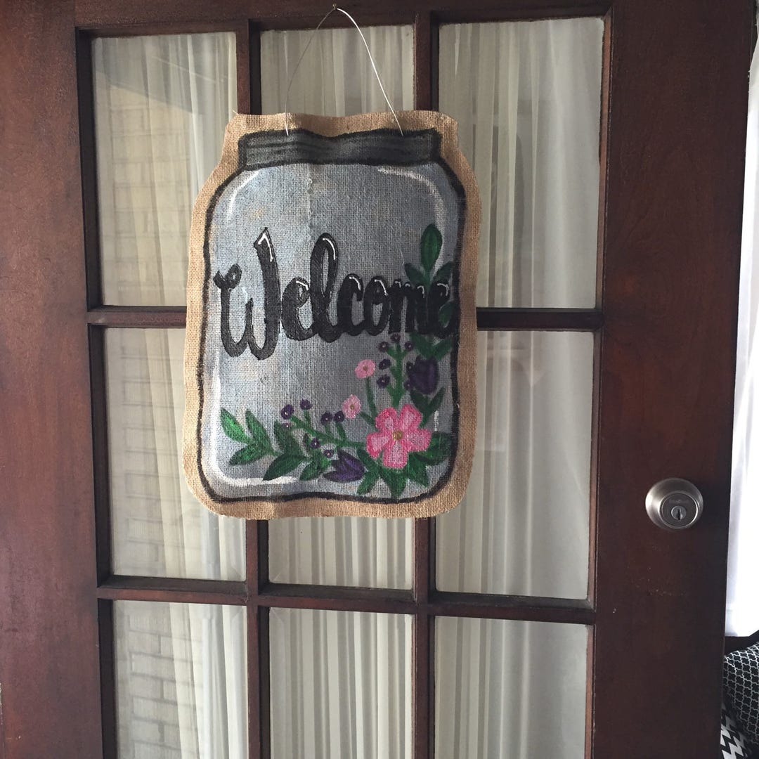 Welcome Mason Jar Burlap Door Hanger - Etsy