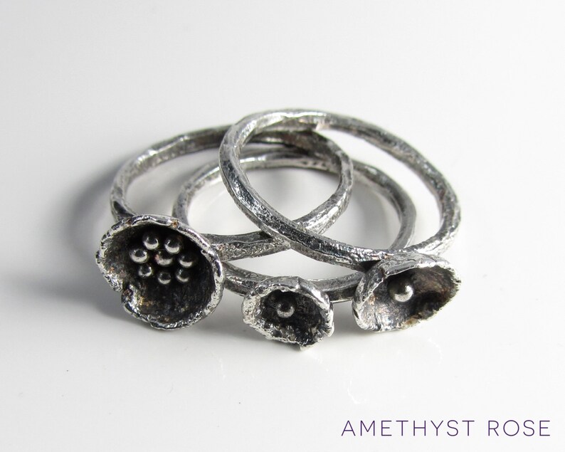 Wild Flowers Set of 3 Organic Stacking Rings Silver Stacking Rings With ...
