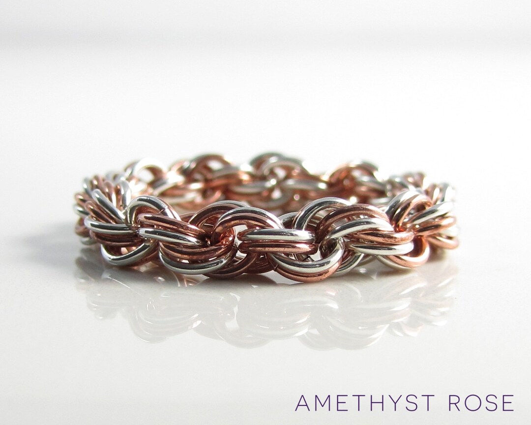 Double Spiral ~ Sterling Silver & Copper Chainmail Ring ~ Flexible Ring ...