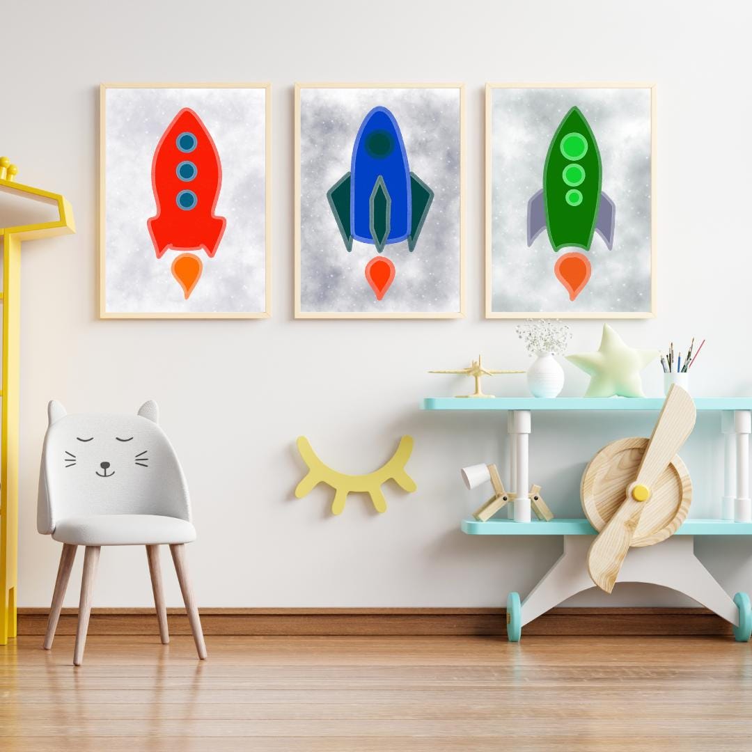 Watercolor Rocket Ship Prints - Etsy