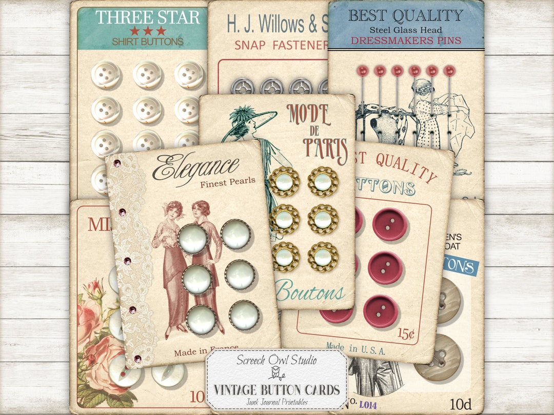 Vintage Button Display Cards, Sewing Room Stationery, Junk Journal ...
