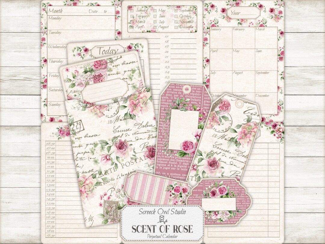 Rose Themed Perpetual Calendar Cards, Printable Stationery, Planner ...
